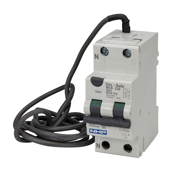 NHP DIN-T Residual Current Device Short Body w/ Overcurr 10kA 16A 1Pole and N C Curve 30mA Type AC