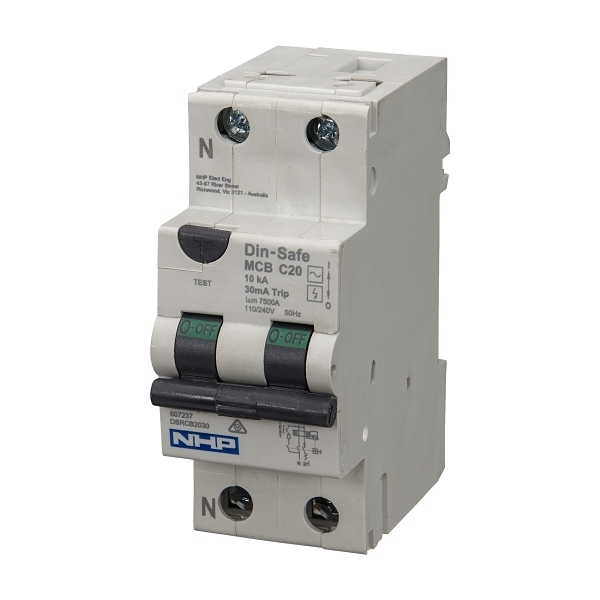 NHP DIN-T Residual Current Device Short Body w/ Overcurr 10kA 32A 1Pole and N C Curve 30mA Type AC