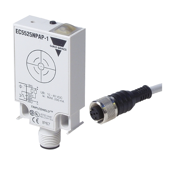 Carlo Gavazzi Capacitive Proximity Plastic Rectangular 55 x 38mm DC PNP NO NC 25mm M12 Cable