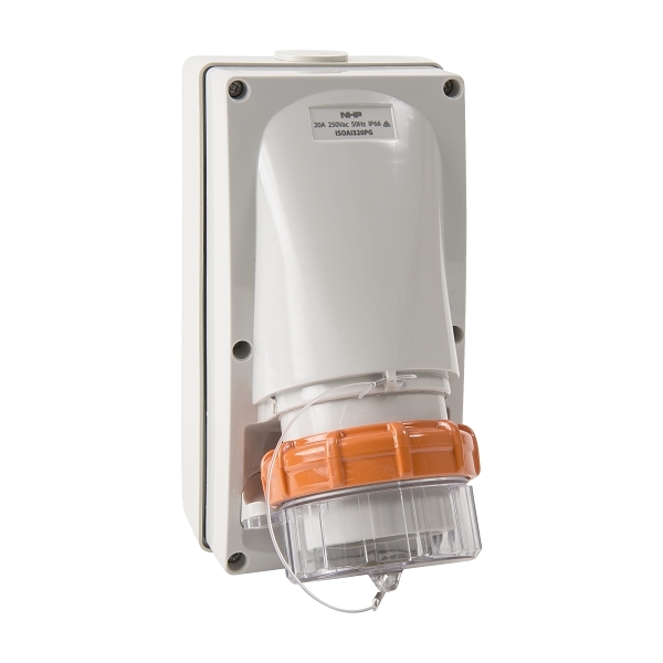 NHP ISO Appliance Inlet, 3 Round Pins 20A 250V AC, w/ Base 38mm, Grey