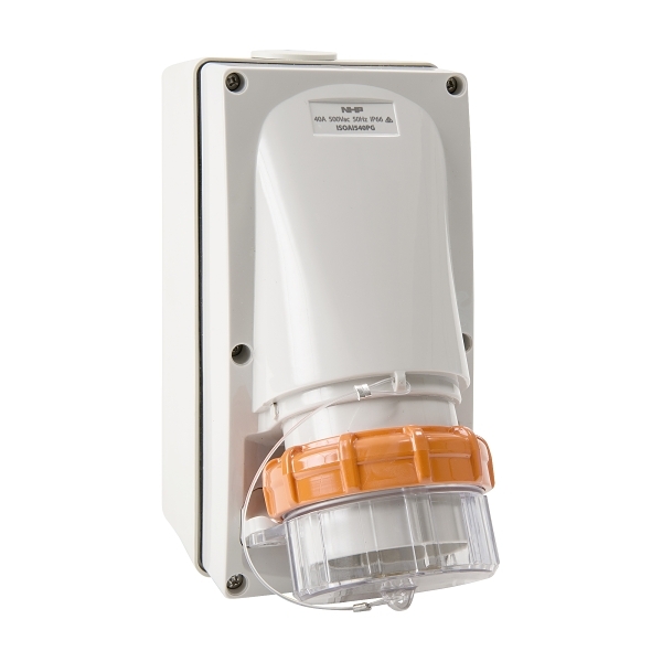 NHP ISO Appliance Inlet, 5 Round Pins 40A 500V AC, w/ Base 63mm, Grey