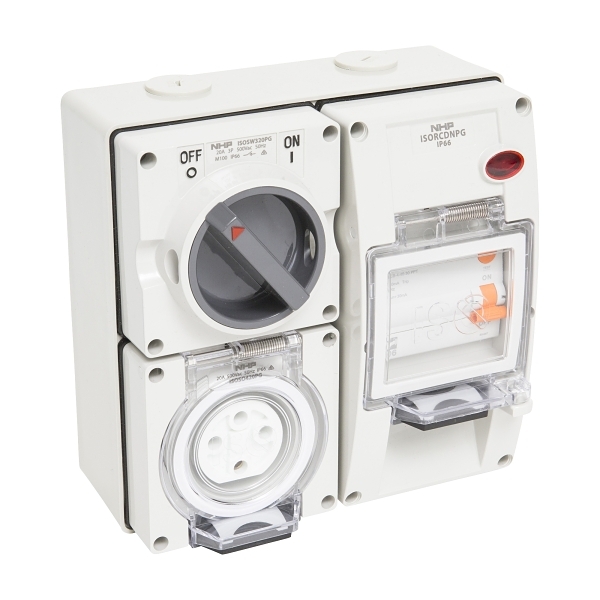 NHP ISO Switched Socket Outlet - RCD, 3 Flat Pins 10A 250V AC, w/ Base, RW