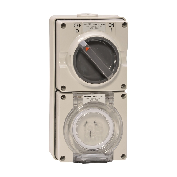 NHP ISO Switched Socket Outlet, 3 Flat Pins 20A 250V AC, w/ Base, GY