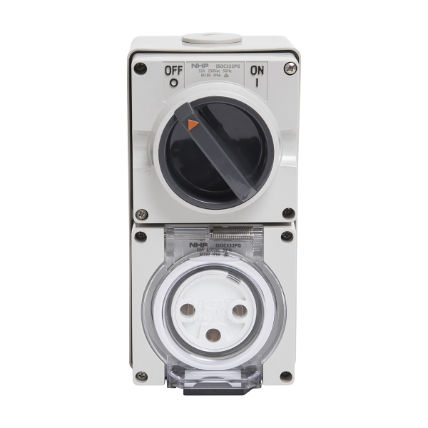 NHP ISO Switched Socket Outlet, 3 Round Pins 32A 250V AC, w/ Base, GY