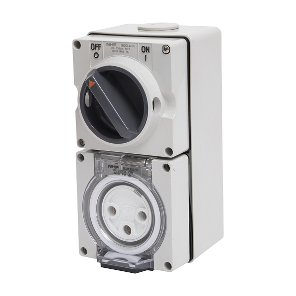 NHP ISO Switched Socket Outlet, 3 Round Pins 32A 250V AC, w/ Base, GY