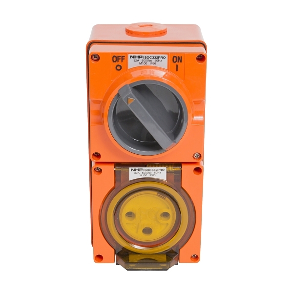 NHP ISO Switched Socket Outlet, 3 Round Pins 32A 250V AC, w/ Base, RO