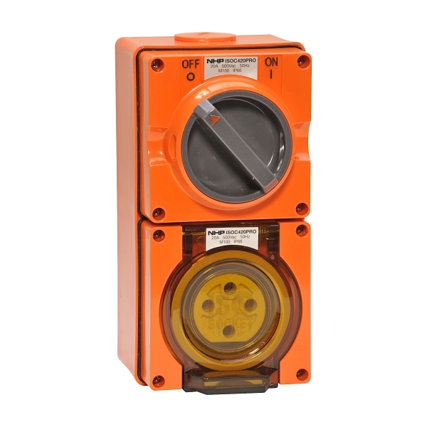 NHP ISO Switched Socket Outlet, 4 Round Pins 20A 500V AC, w/ Base, RO
