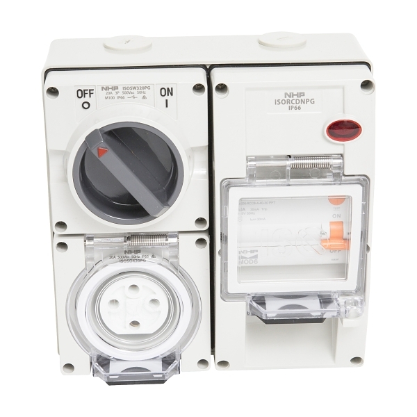 NHP ISO Switched Socket Outlet - RCD, 4 Round Pins 20A 500V AC, w/ Base, GY