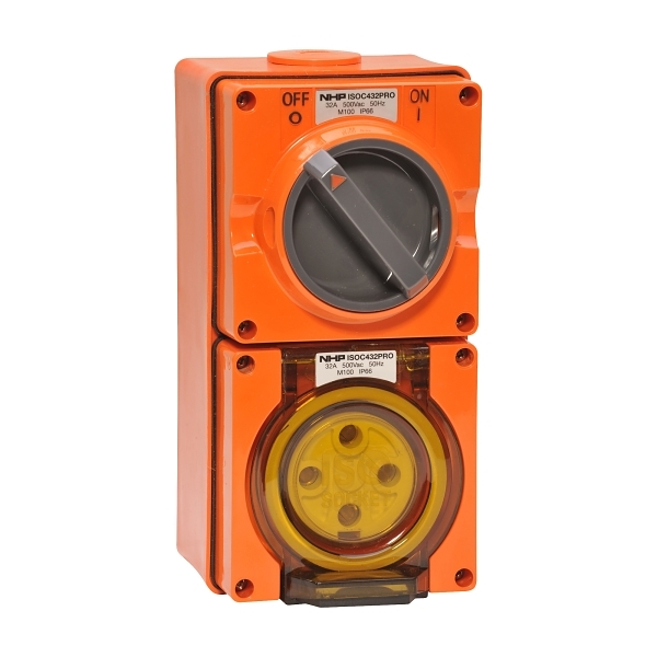 NHP ISO Switched Socket Outlet, 4 Round Pins 32A 500V AC, w/ Base, RO