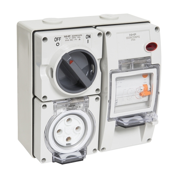 NHP ISO Switched Socket Outlet - RCD, 4 Round Pins 32A 500V AC, w/ Base, GY