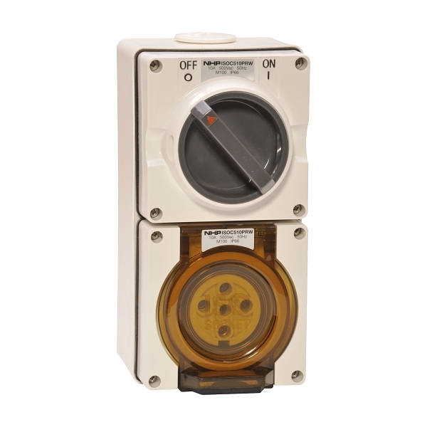 NHP ISO Switched Socket Outlet, 5 Round Pins 10A 500V AC, w/ Base, RW