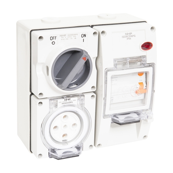 NHP ISO Switched Socket Outlet - RCD, 5 Round Pins 10A 500V AC, w/ Base, RW