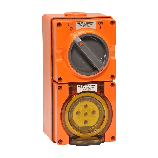 NHP ISO Switched Socket Outlet, 5 Round Pins 20A 500V AC, w/ Base, RO