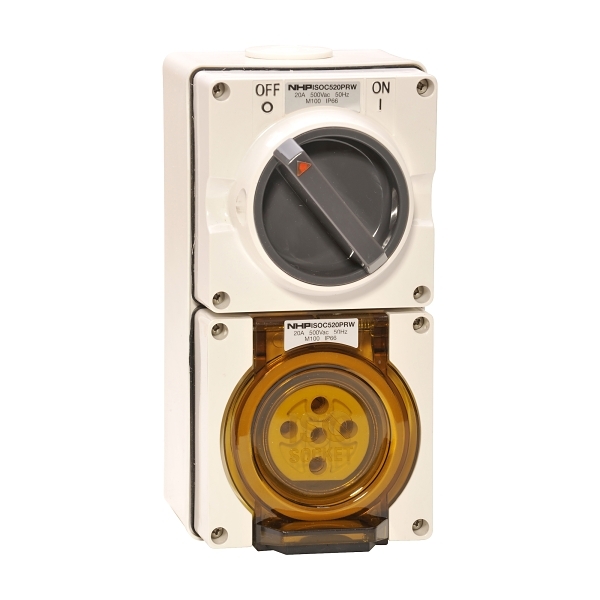 NHP ISO Switched Socket Outlet, 5 Round Pins 20A 500V AC, w/ Base, RW