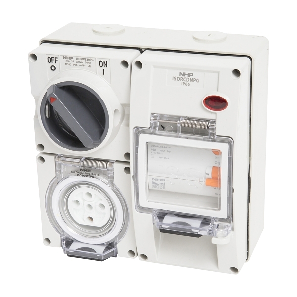 NHP ISO Switched Socket Outlet - RCD, 5 Round Pins 20A 500V AC, w/ Base, GY