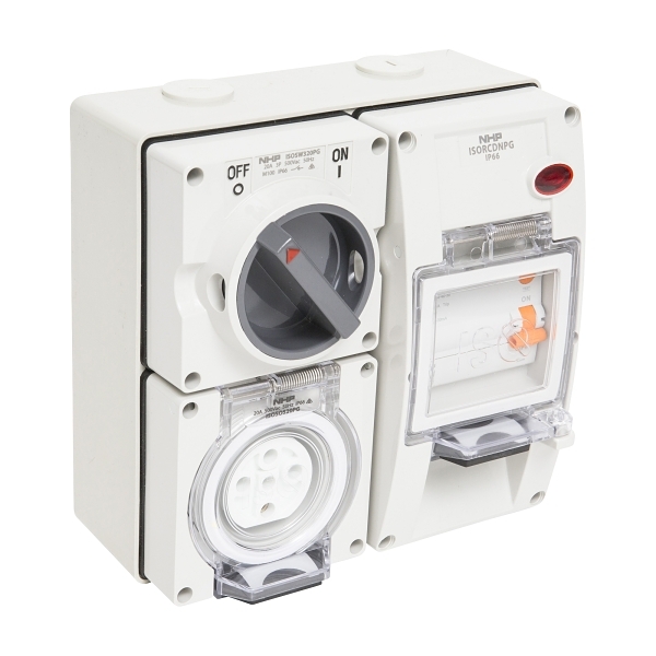 NHP ISO Switched Socket Outlet - RCD, 5 Round Pins 20A 500V AC, w/ Base, GY