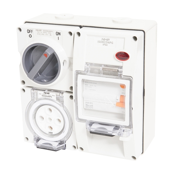 NHP ISO Switched Socket Outlet - RCD, 5 Round Pins 20A 500V AC, w/ Base, RW