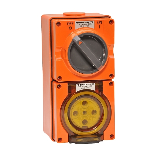 NHP ISO Switched Socket Outlet, 5 Round Pins 32A 500V AC, w/ Base, RO