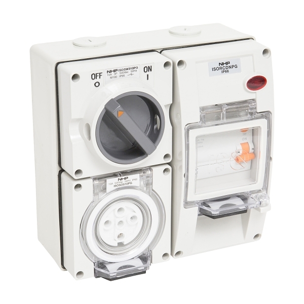 NHP ISO Switched Socket Outlet - RCD, 5 Round Pins 32A 500V AC, w/ Base, RW