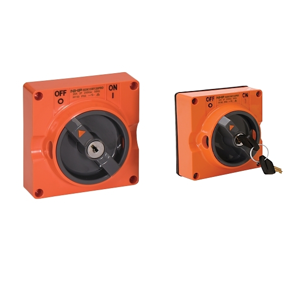 NHP ISO Surface Switch - Common Key, Lock in ON/OFF, 3 Pole 32A 500V AC, w/o Base, Resistant Orange