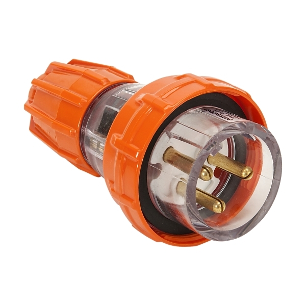 NHP ISO Plug - Straight, 3 Round Pins, 20A 250V AC, Electric Orange