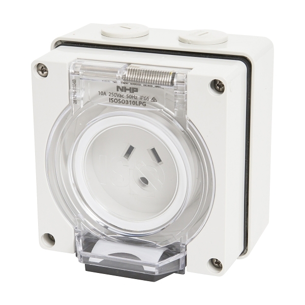 NHP ISO Socket Outlet, 2 Flat Pins + 1 Round Earth 10A 250V AC, w/ Base ...