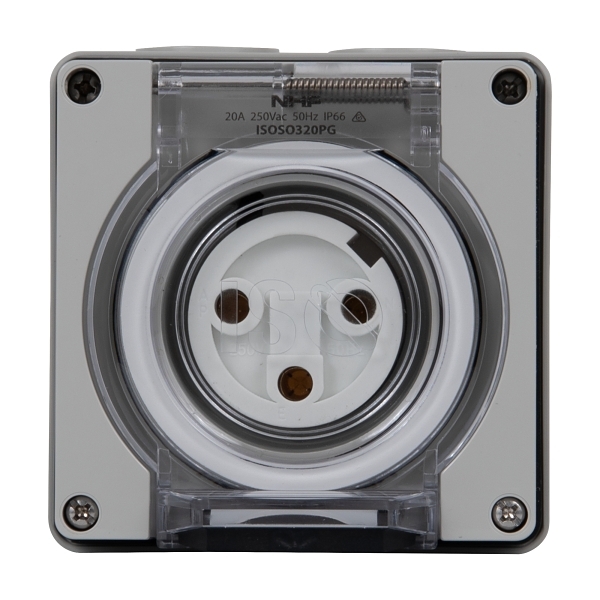 NHP ISO Socket Outlet, 3 Round Pins 20A 250V AC, w/ Base, Grey