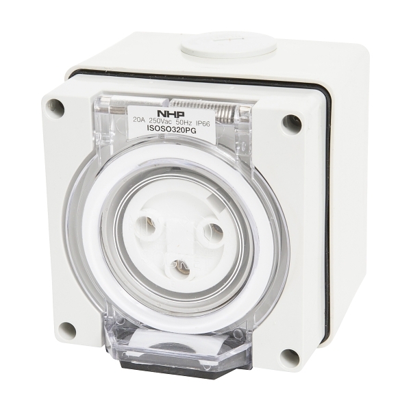 NHP ISO Socket Outlet, 3 Round Pins 20A 250V AC, w/ Base, Grey