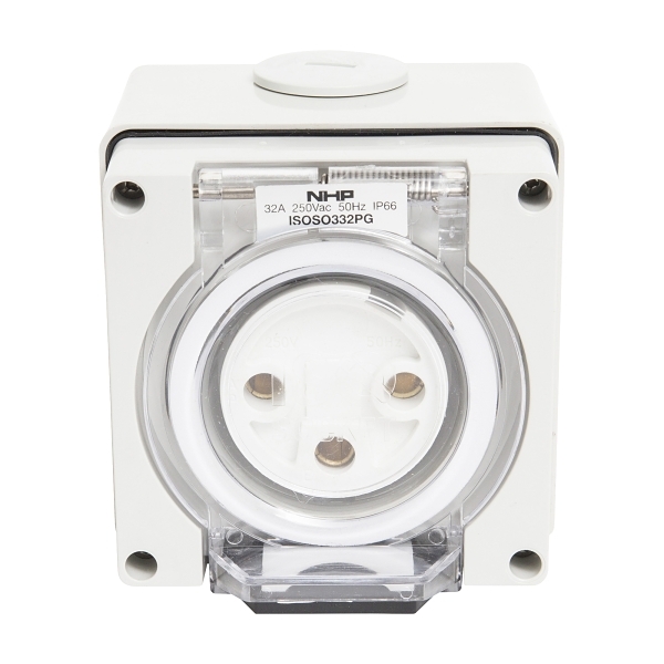 NHP ISO Socket Outlet, 3 Round Pins 32A 250V AC, w/ Base, Grey