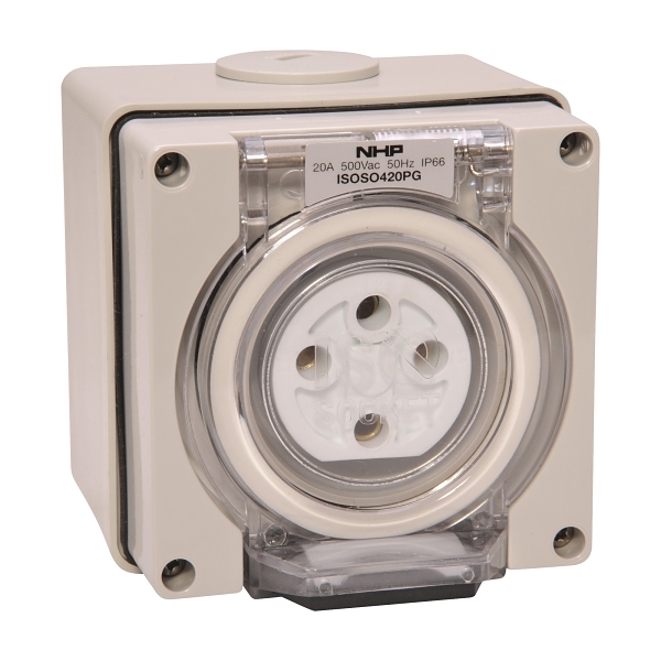 NHP ISO Socket Outlet, 4 Round Pins 20A 500V AC, w/ Base, Grey