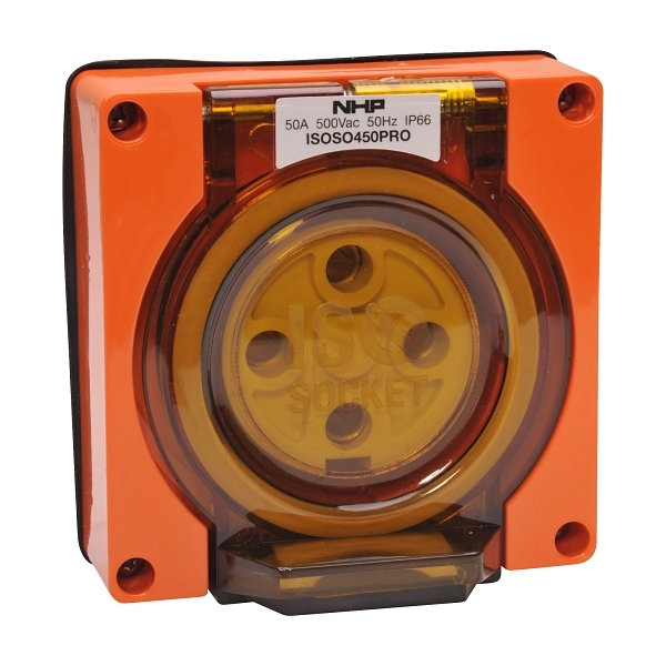 NHP ISO Socket Outlet, 4 Round Pins 50A 500V AC, w/o Base, Resistant Orange