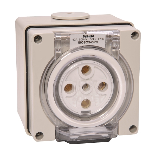 NHP ISO Socket Outlet, 5 Round Pins 40A 500V AC, w/ Base, Grey
