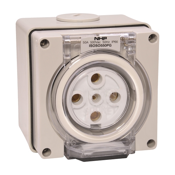 NHP ISO Socket Outlet, 5 Round Pins 50A 500V AC, w/ Base, Grey