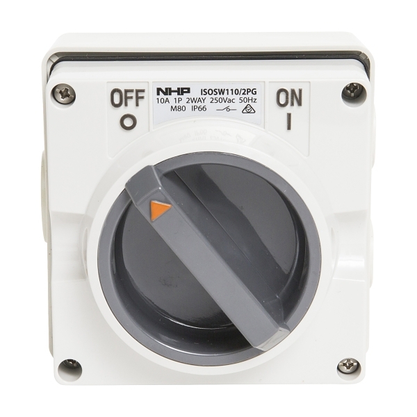 NHP ISO Surface Switch, 1 Pole 2 Way 10A 250V AC, w/ Base, Grey