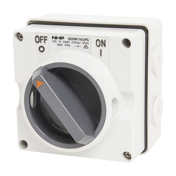 NHP ISO Surface Switch, 1 Pole 2 Way 10A 250V AC, w/ Base, Grey