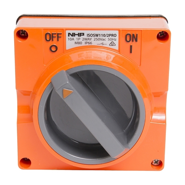 NHP ISO Surface Switch, 1 Pole 2 Way 10A 250V AC, w/o Base, Resistant Orange