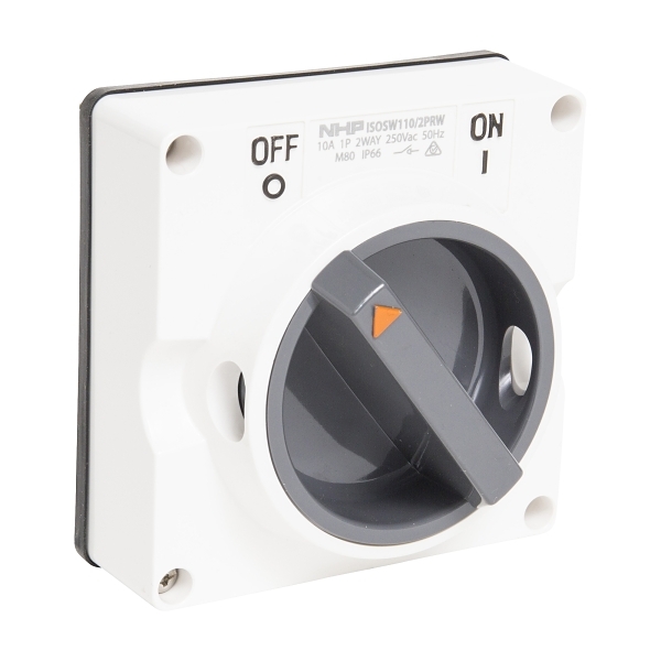 NHP ISO Surface Switch, 1 Pole 2 Way 10A 250V AC, w/o Base, Resistant White