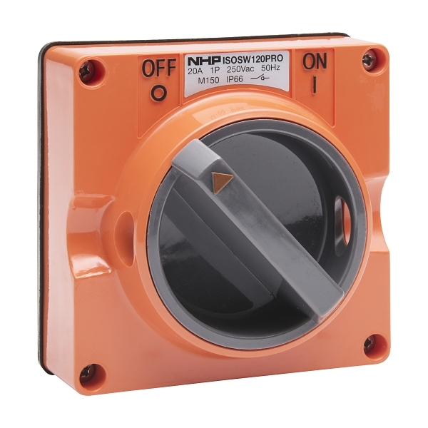 NHP ISO Surface Switch, 2 Pole 20A 250V AC, w/o Base, Resistant Orange