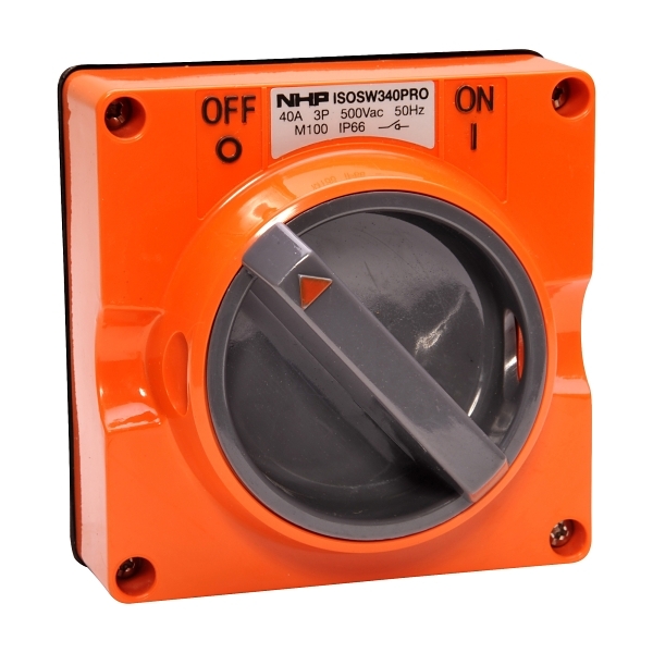 NHP ISO Surface Switch, 3 Pole 40A 500V AC, w/o Base, Resistant Orange