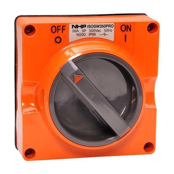 NHP ISO Surface Switch, 3 Pole 50A 500V AC, w/o Base, Resistant Orange