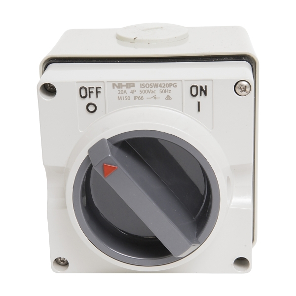 NHP ISO Surface Switch, 4 Pole 20A 500V AC, w/ Base, Grey