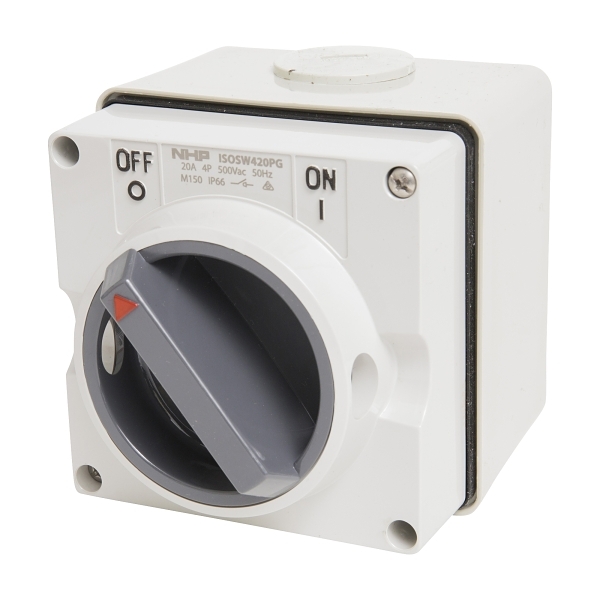 NHP ISO Surface Switch, 4 Pole 20A 500V AC, w/ Base, Grey