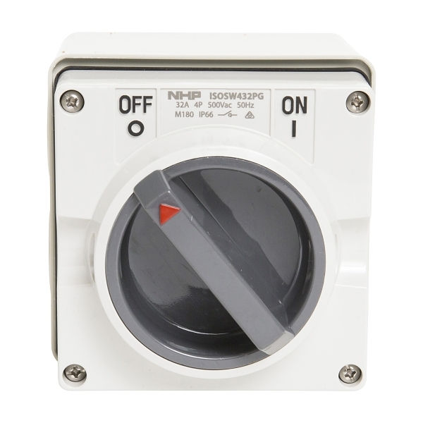 NHP ISO Surface Switch, 4 Pole 32A 500V AC, w/ Base, Grey