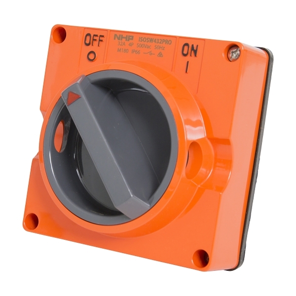 NHP ISO Surface Switch, 4 Pole 32A 500V AC, w/o Base, Resistant Orange