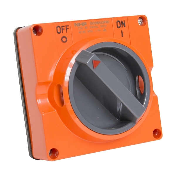 NHP ISO Surface Switch, 4 Pole 32A 500V AC, w/o Base, Resistant Orange