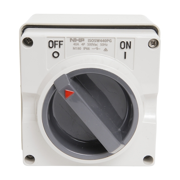 NHP ISO Surface Switch, 4 Pole 40A 500V AC, w/ Base, Grey