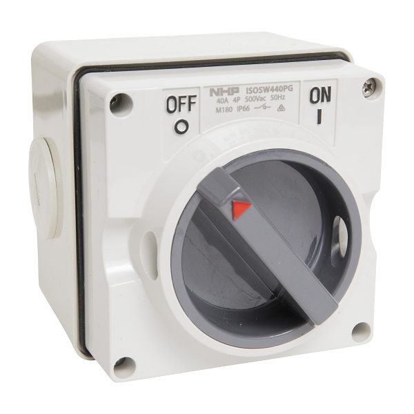 NHP ISO Surface Switch, 4 Pole 40A 500V AC, w/ Base, Grey