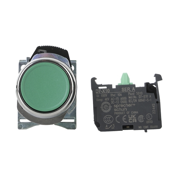 Sprecher and Schuh D7 Pushbutton 22.5 mm Complete Metal MOM Flush Green ...