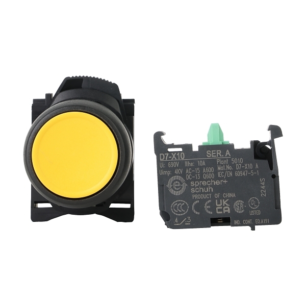 Sprecher and Schuh D7 Pushbutton 22.5 mm Complete Plastic MOM Flush Yellow Cap Non Ill 1NO