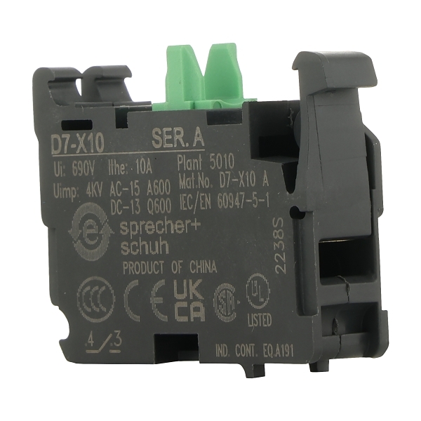 Sprecher and Schuh D7 Contact Block 1 NO for 22.5 mm Pushbutton Operators